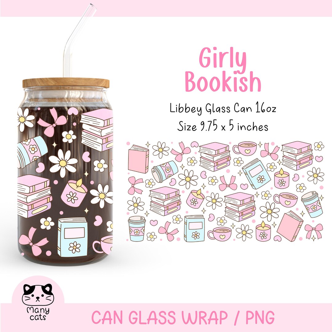 Girly Bookish 16oz Libbey Glass Can Wrap Png Book Lover Libbey Glass ...