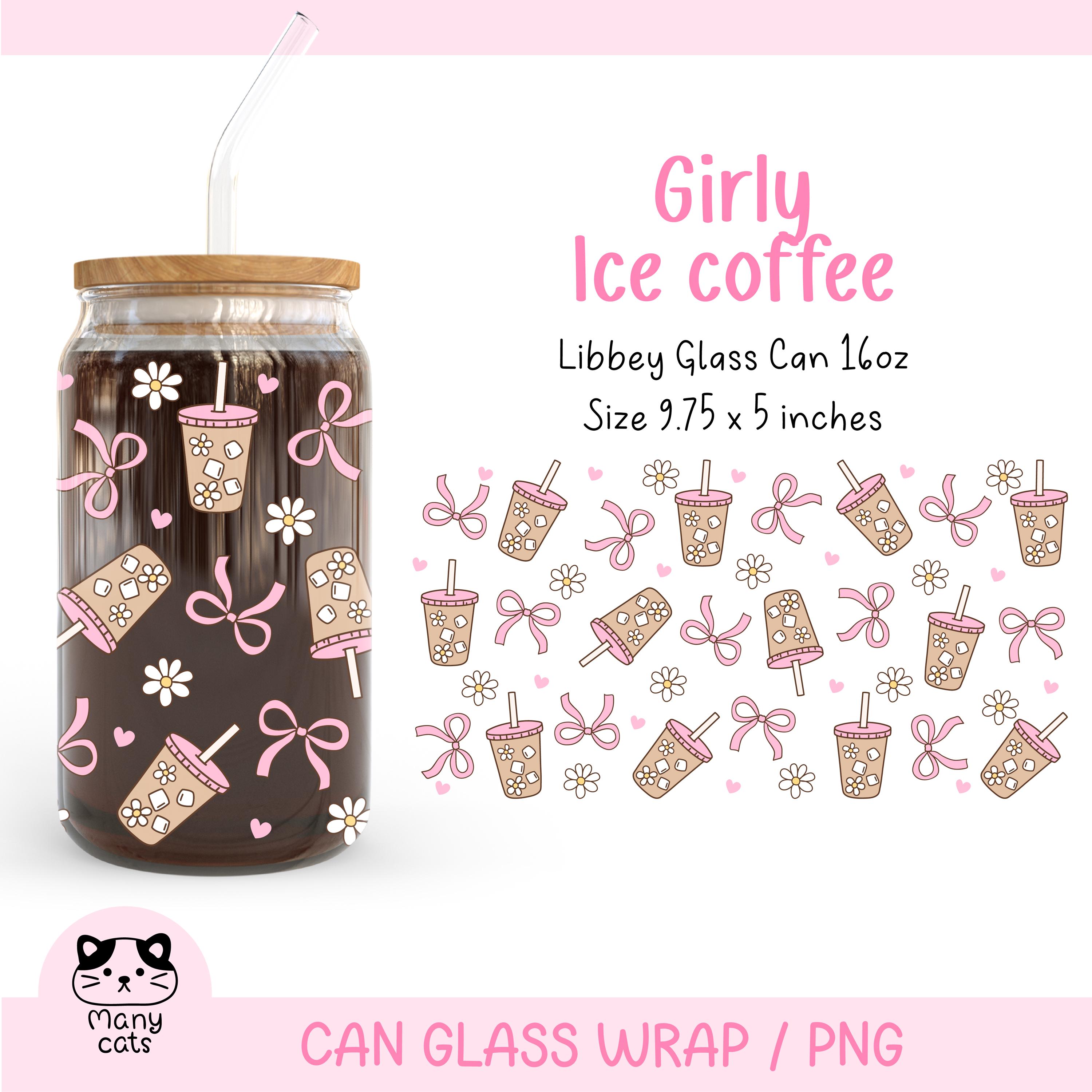 Girly Iced Coffee 16 Oz Libbey Glass Can Wrap Png Coquette Bows Png ...
