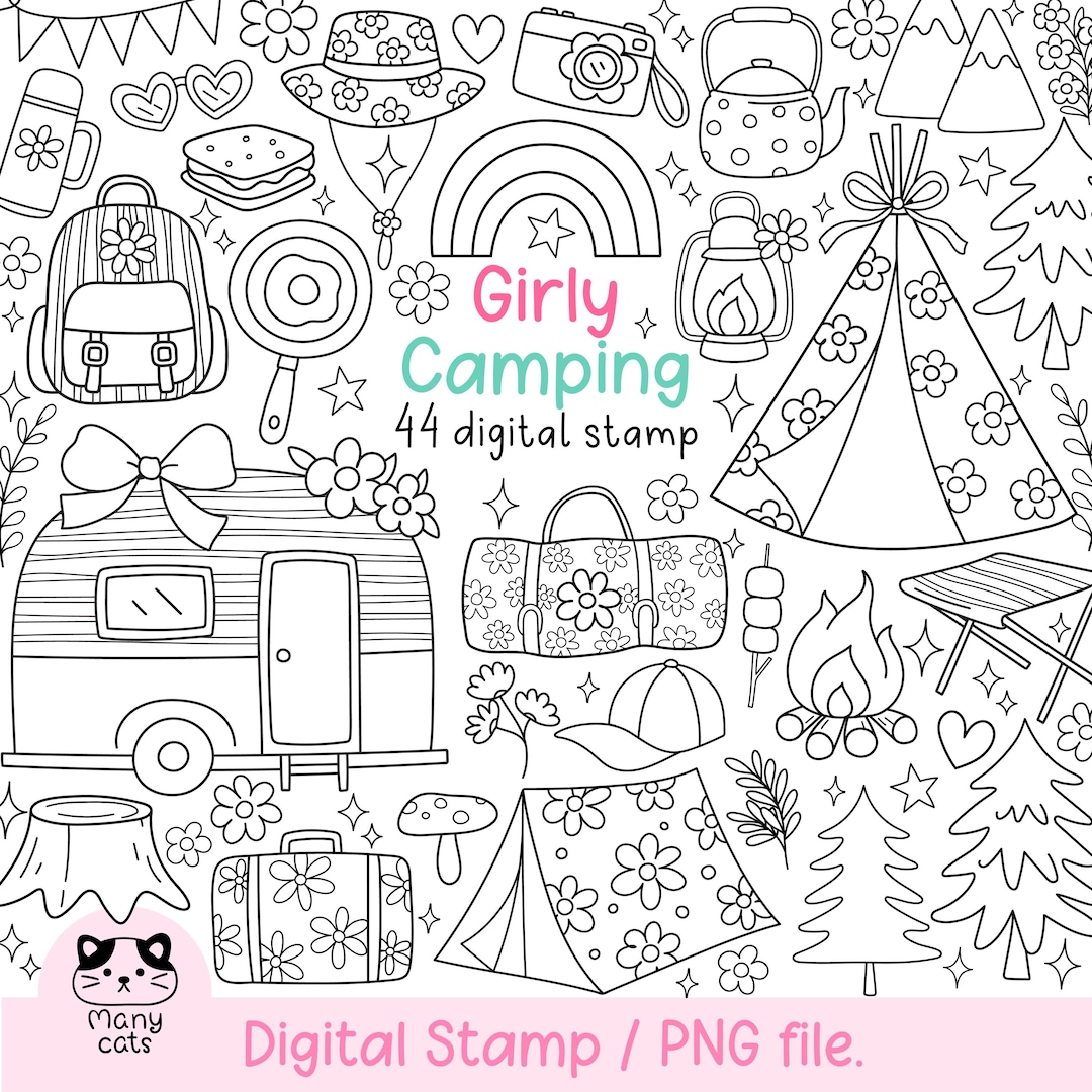 Girly Camping Digital Stamp Doodle Camping Colorig Travel Summer Camp ...