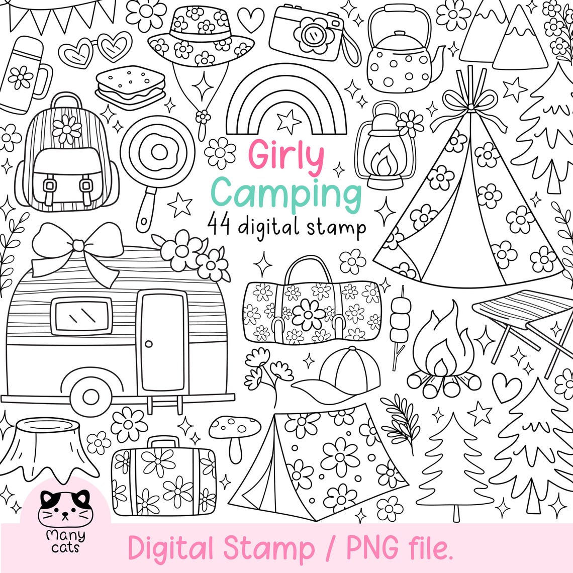 Girly Camping Digital Stamp Doodle Camping Colorig Travel Summer Camp ...