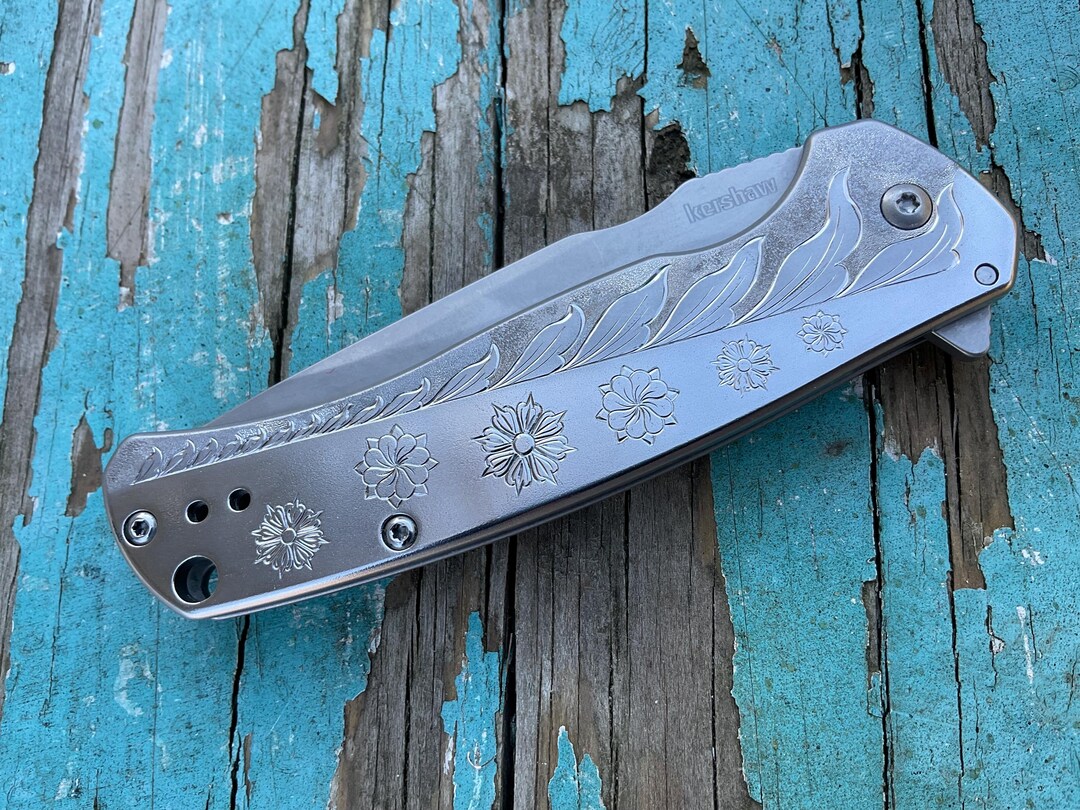 Hand Engraved Knife Kershaw Scour Assisted Open Stainless Steel Handle ...