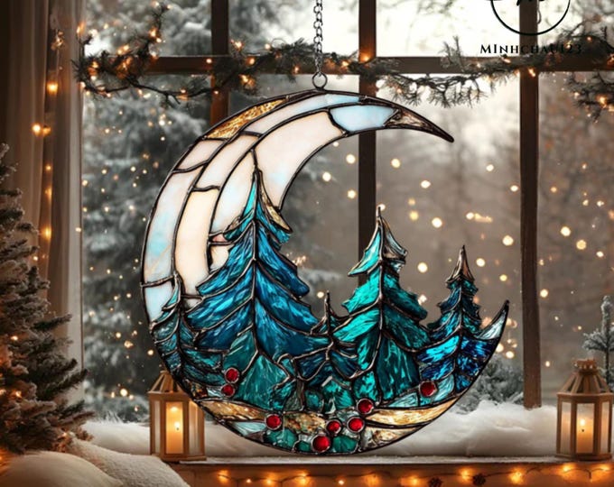 Moon and Pine Trees Acrylic Suncatcher Ornament, Christmas Tree Window ...