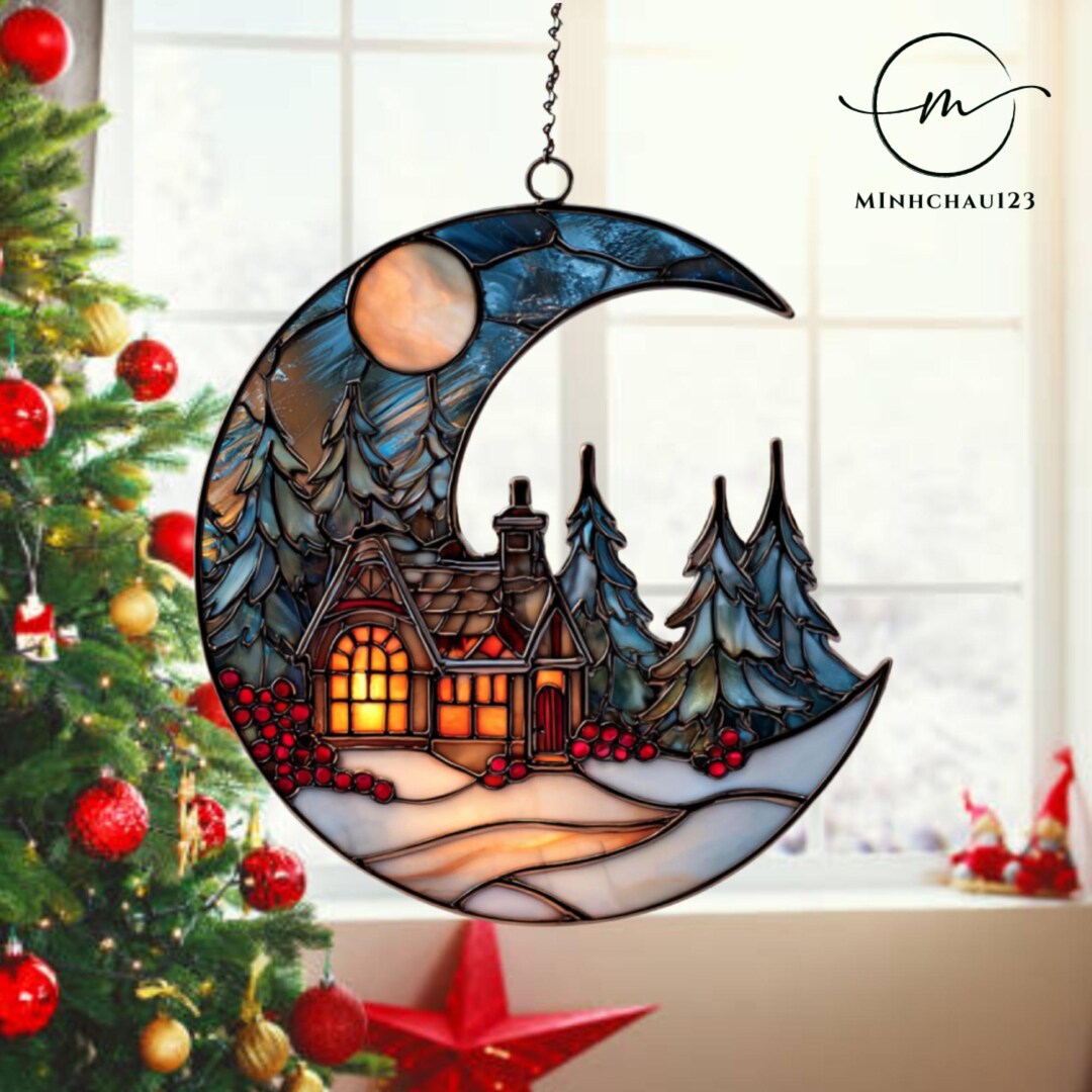 Moon and Pine Trees Acrylic Suncatcher, Winter Cottage Moon, Christmas ...