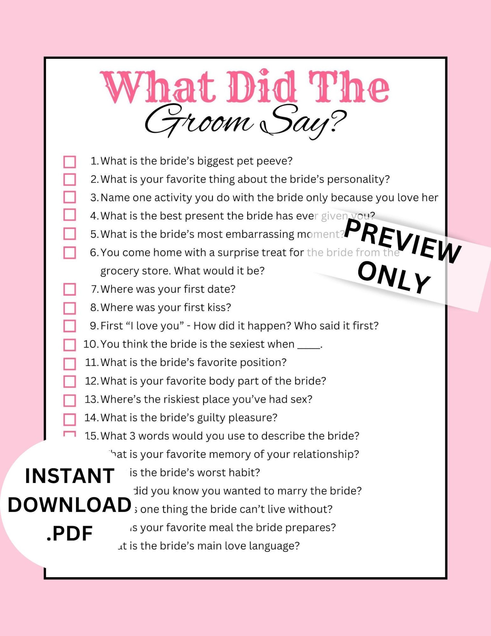What Did the Groom Say - Bachelorette Party and Bridal Shower Game ...