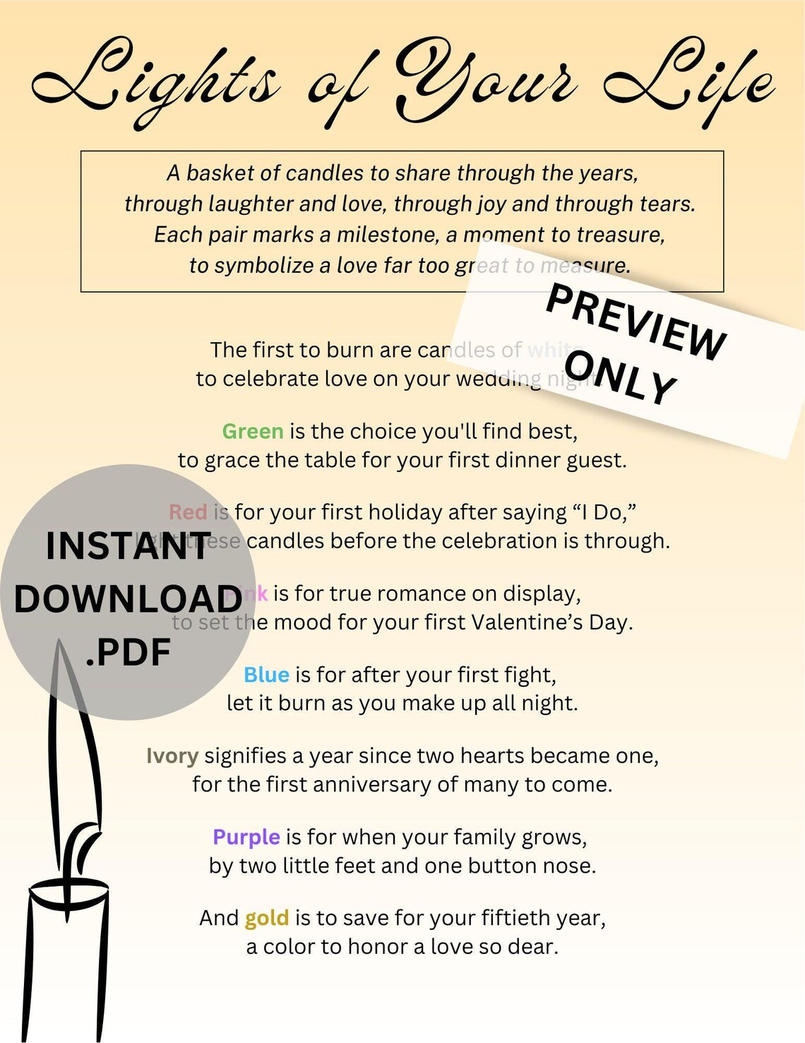 A Basket of Candles Wedding Gift Poem | Printable Card for Meaningful ...