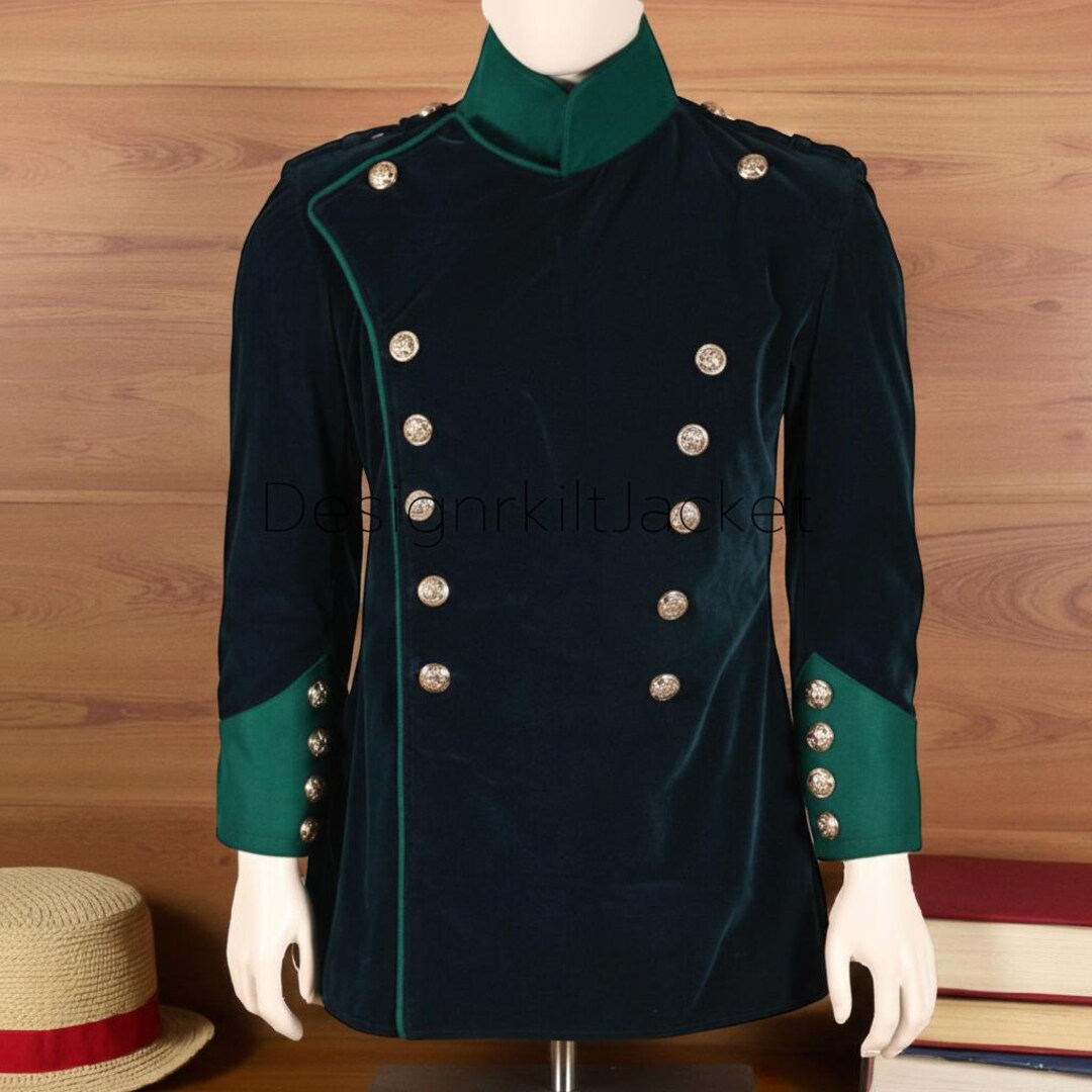 Men’s Dark Green Velvet Military Jacket | Victorian Formal Velvet ...