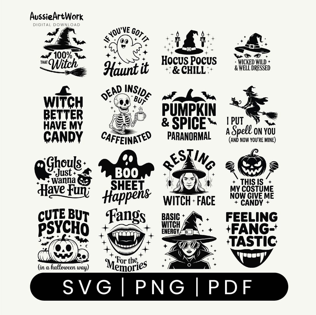 Halloween Day SVG Bundle, Funny Spooky Quotes, Witch Ghost Skeleton Png ...