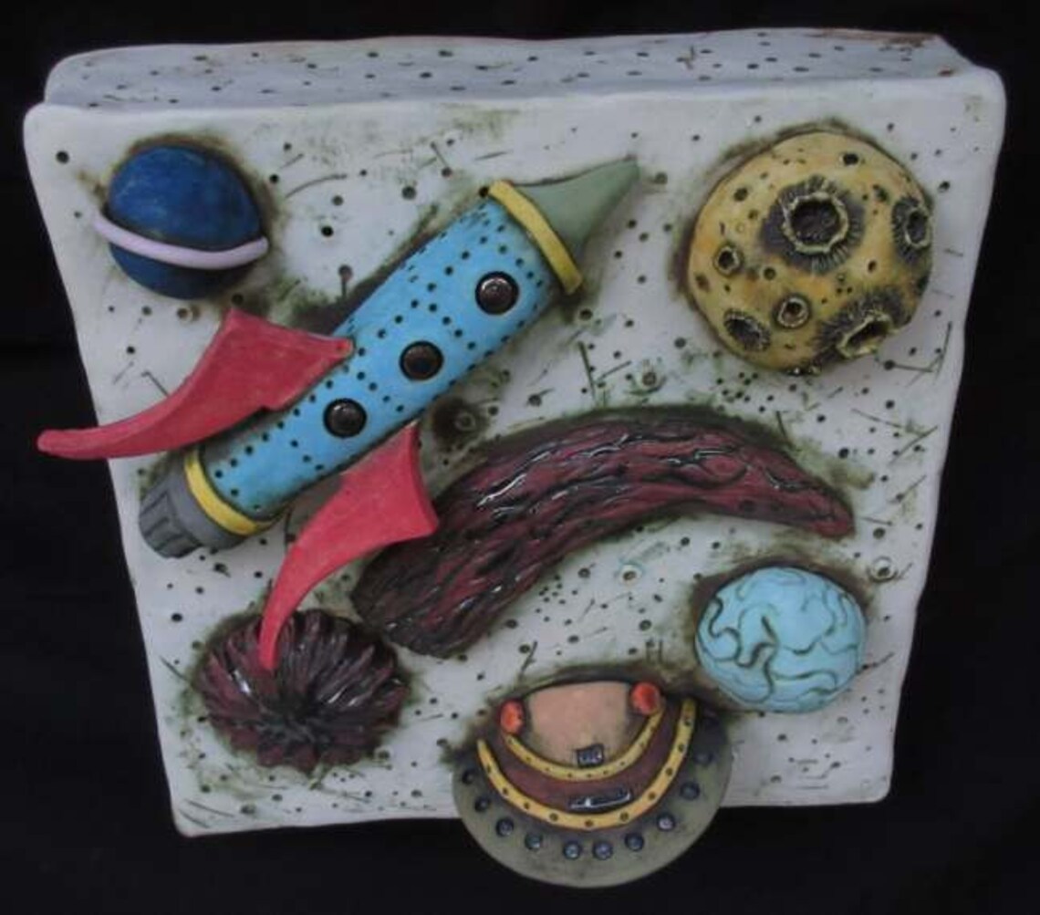 Ceramic Wall Hanging * Space Tile * Ceramic Rocket and Planets ...