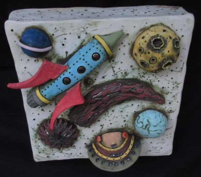 Ceramic Wall Hanging * Space Tile * Ceramic Rocket and Planets ...