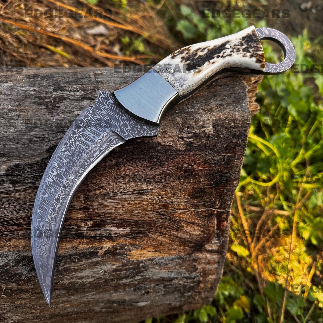 Custom Handmade Damascus Karambit Knife With Deer Antler Handle Hunting ...