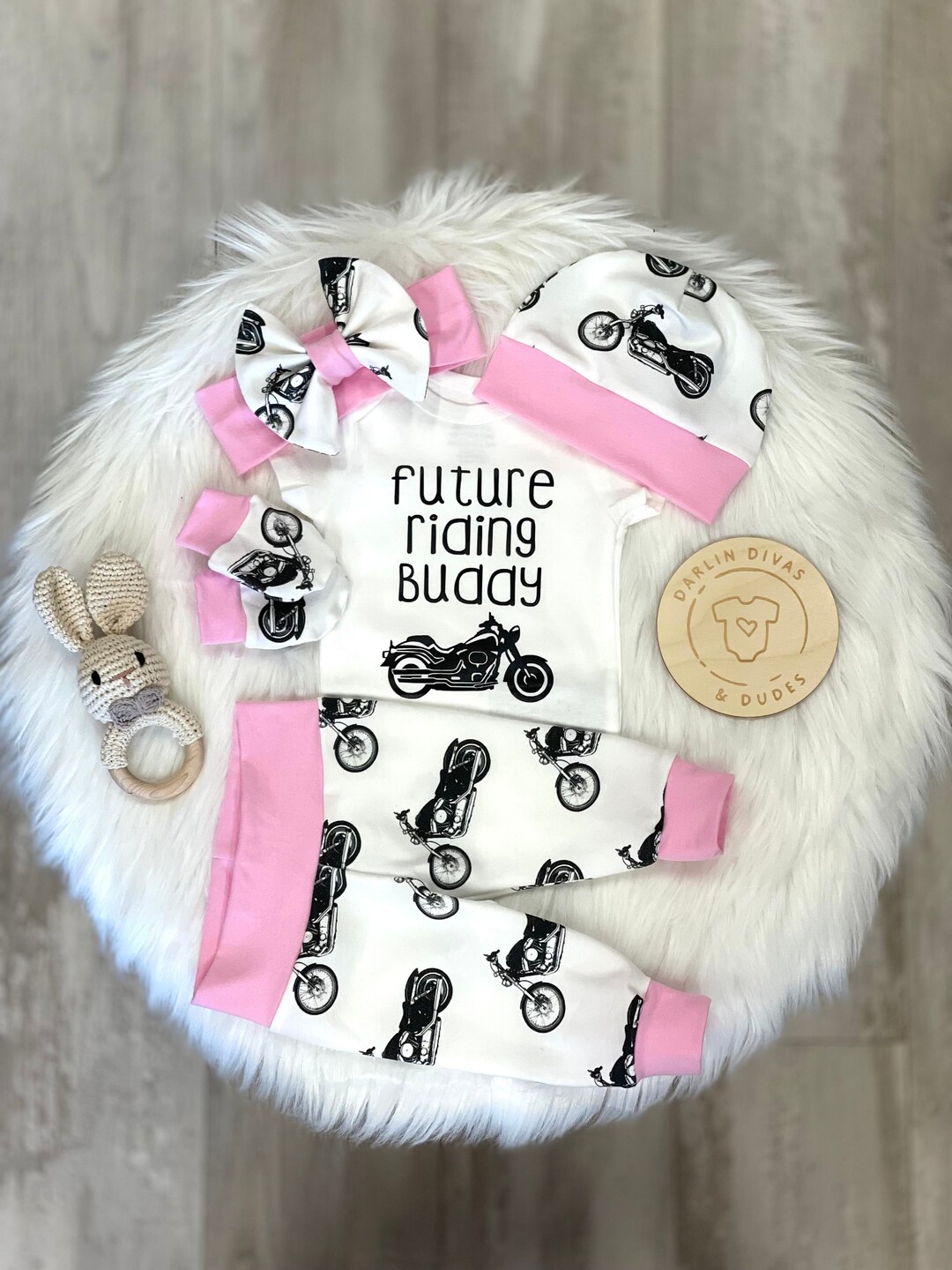Motorcycle Baby Girl Outfit: Newborn Layette Set With Bow - Etsy