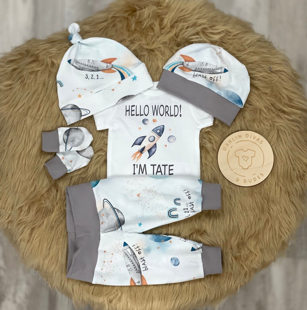 Space Rocket Baby Boy Coming Home Outfit, Personalized, Hello World - Etsy