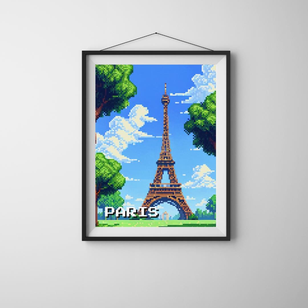 Pixel Paris Eiffel Tower Wall Art Poster - Rolled Posters, Pixel Art ...