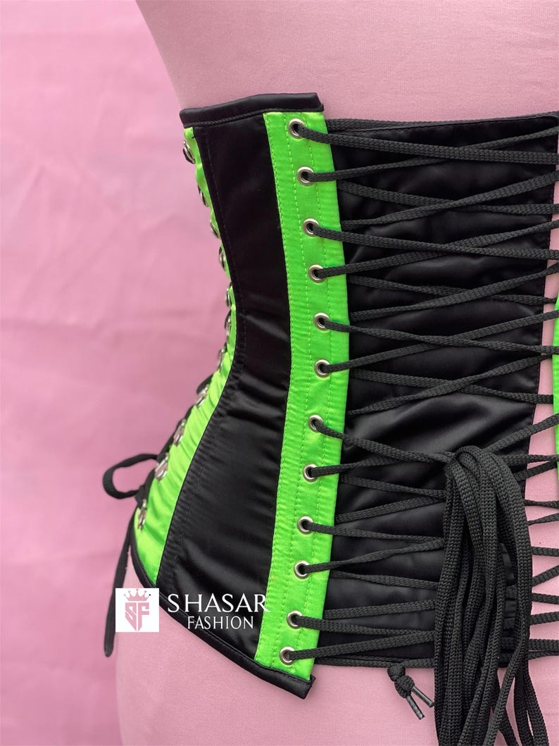 Handmade Black Satin Underbust Corset: Neon Green Lacing, Gothic ...