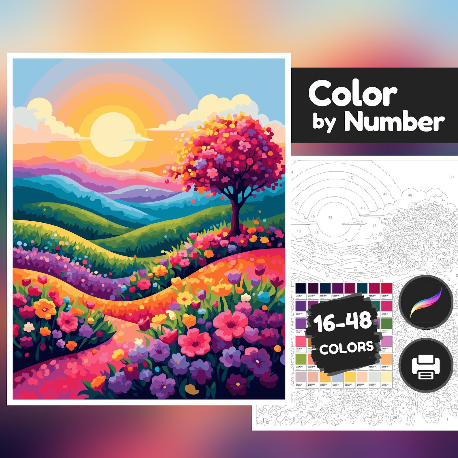 Colorful Landscape Advanced Color by Number, Paint by Number, Procreate ...