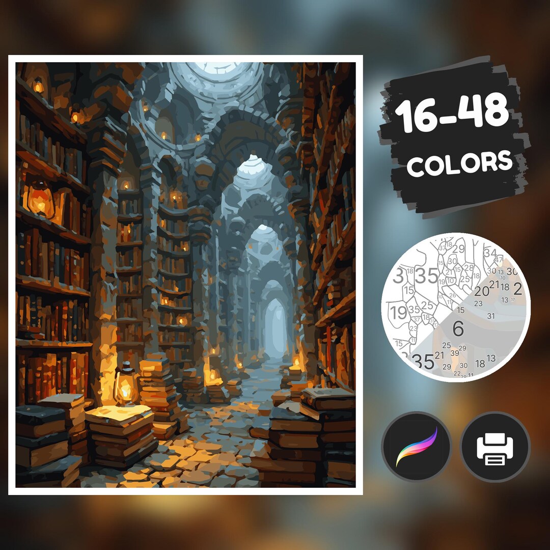 Ancient Library Color by Number Pages, Paint by Number, Digital ...