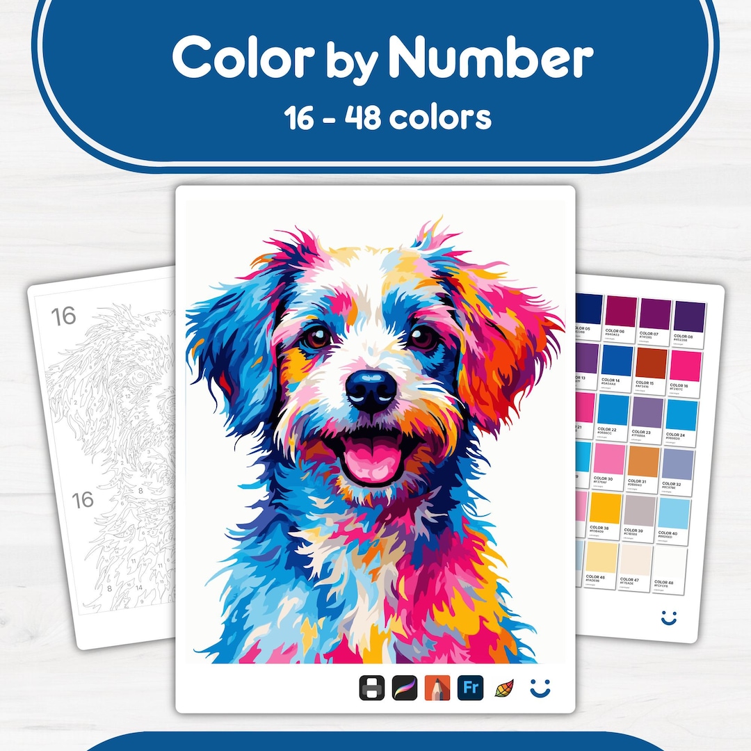Colorful Dog Portrait - Color by Number - Digital & Printable - 4 ...
