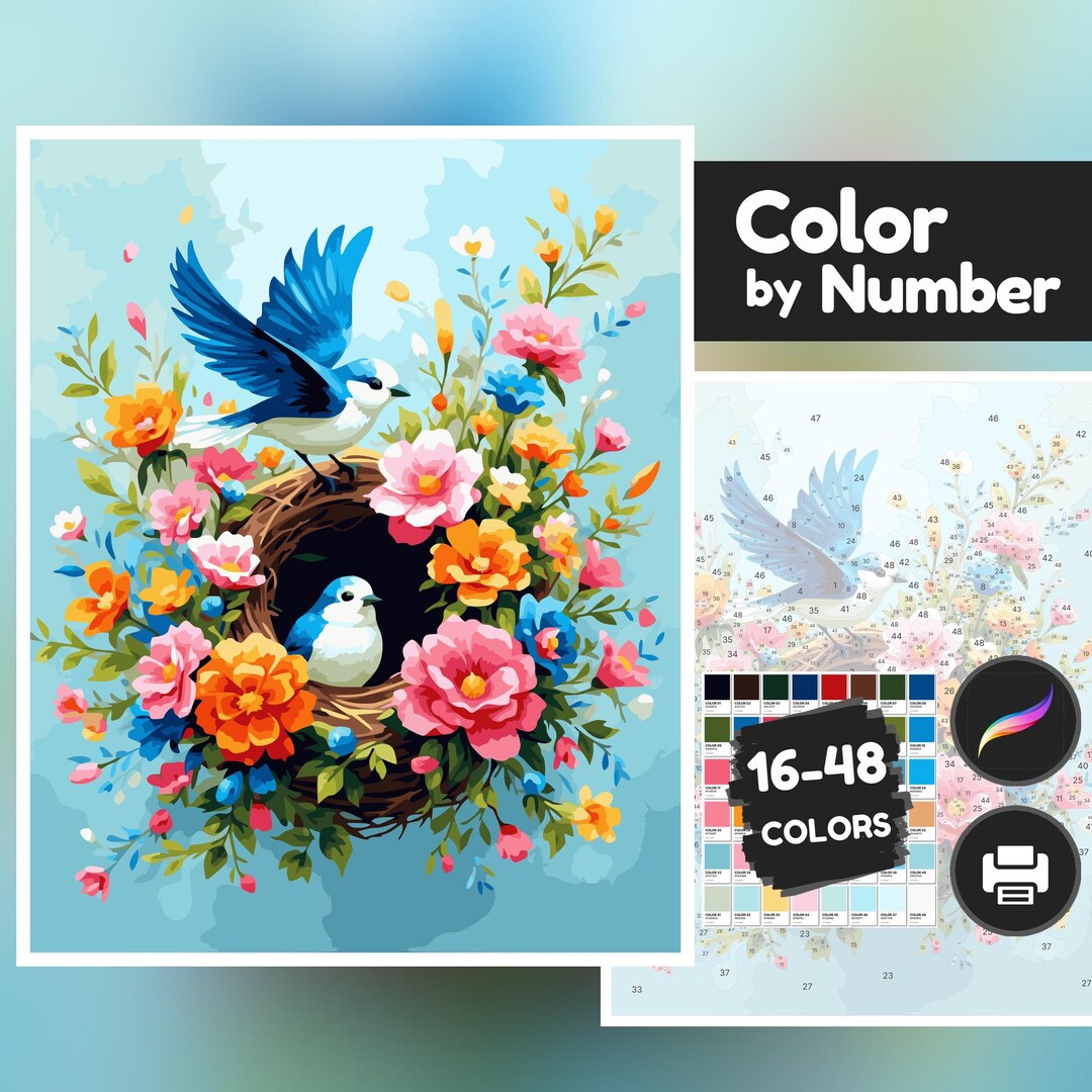 Blooming Nest Color by Number Pages, Paint by Number, Digital ...