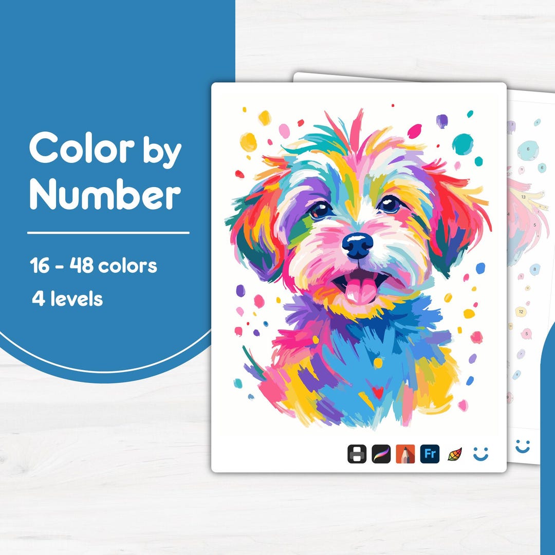 Colorful Dog Portrait Color by Number PBN for Procreate, Sketchbook ...