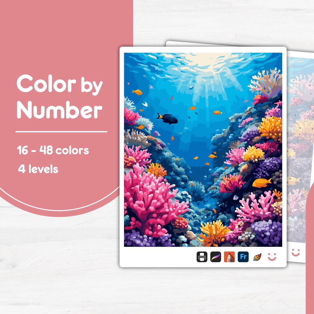 Vibrant Coral Reef Color by Number PBN for Procreate, Sketchbook ...