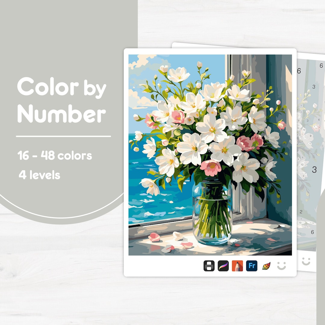 Flower Bouquet by Window - Color by Number - Digital & Printable - 4 ...