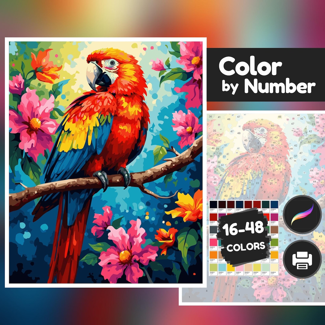 Tropical Parrot Color by Number Pages, Paint by Number, Digital ...