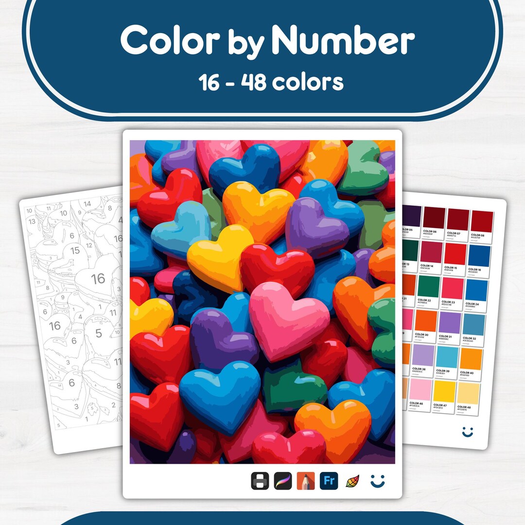 Colorful Heart Pile - Color by Number - Digital & Printable - 4 Levels ...
