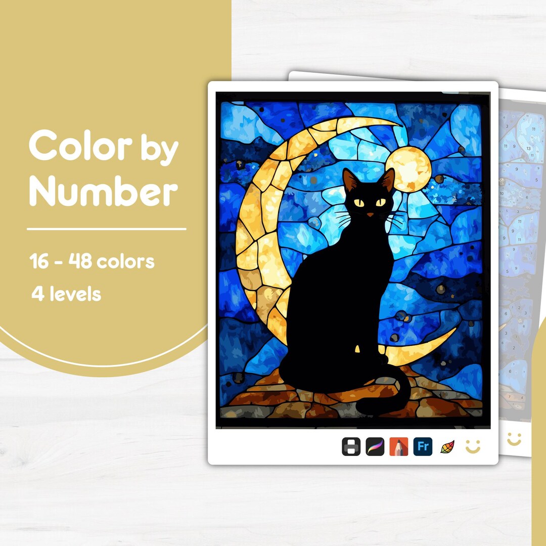 Black Cat Stained Glass Color by Number PBN for Procreate, Sketchbook ...