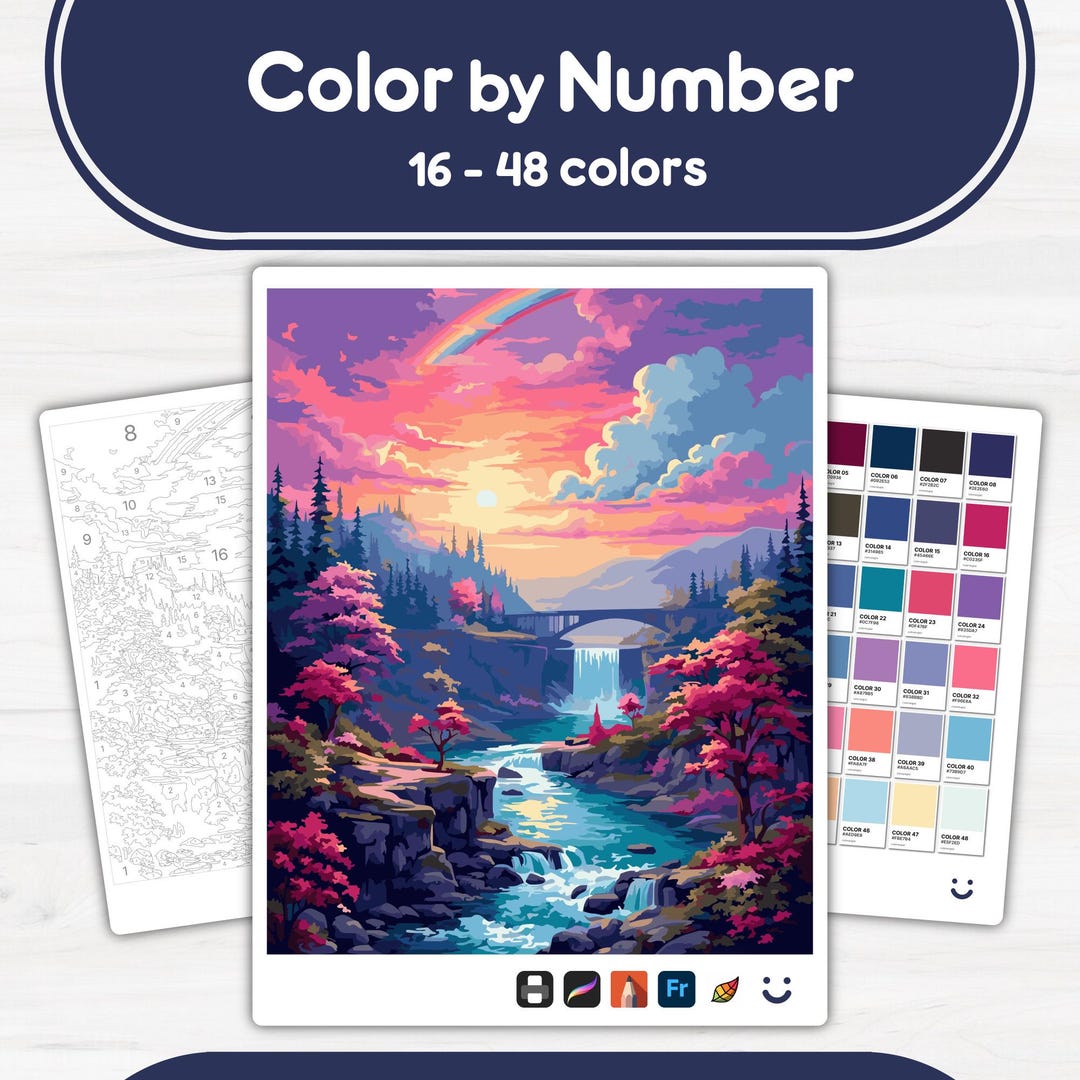 Waterfall in Forest - Color by Number - Digital & Printable - 4 Levels ...