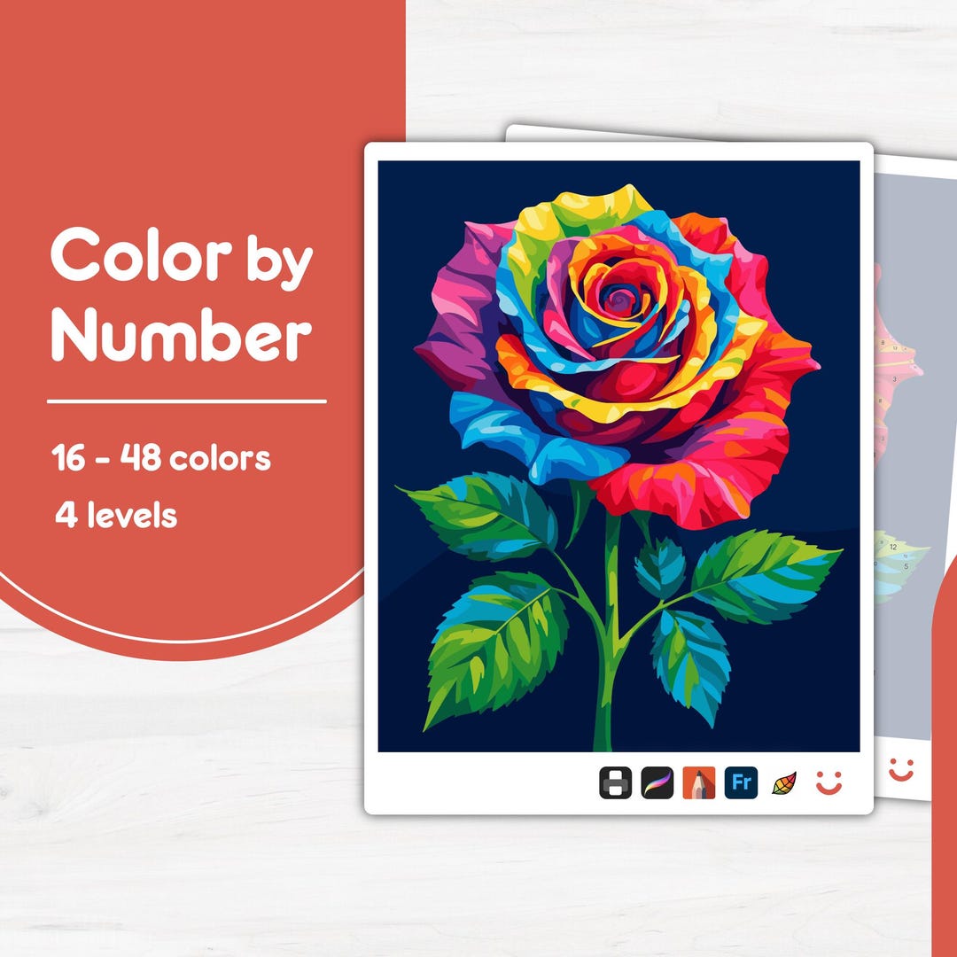 Colorful Rose Color by Number PBN for Procreate, Sketchbook, Prints ...