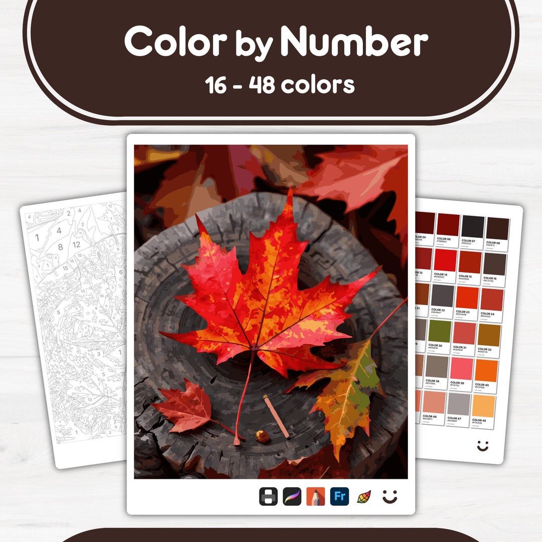 Colorful Autumn Leaves - Color by Number - Digital & Printable - 4 ...