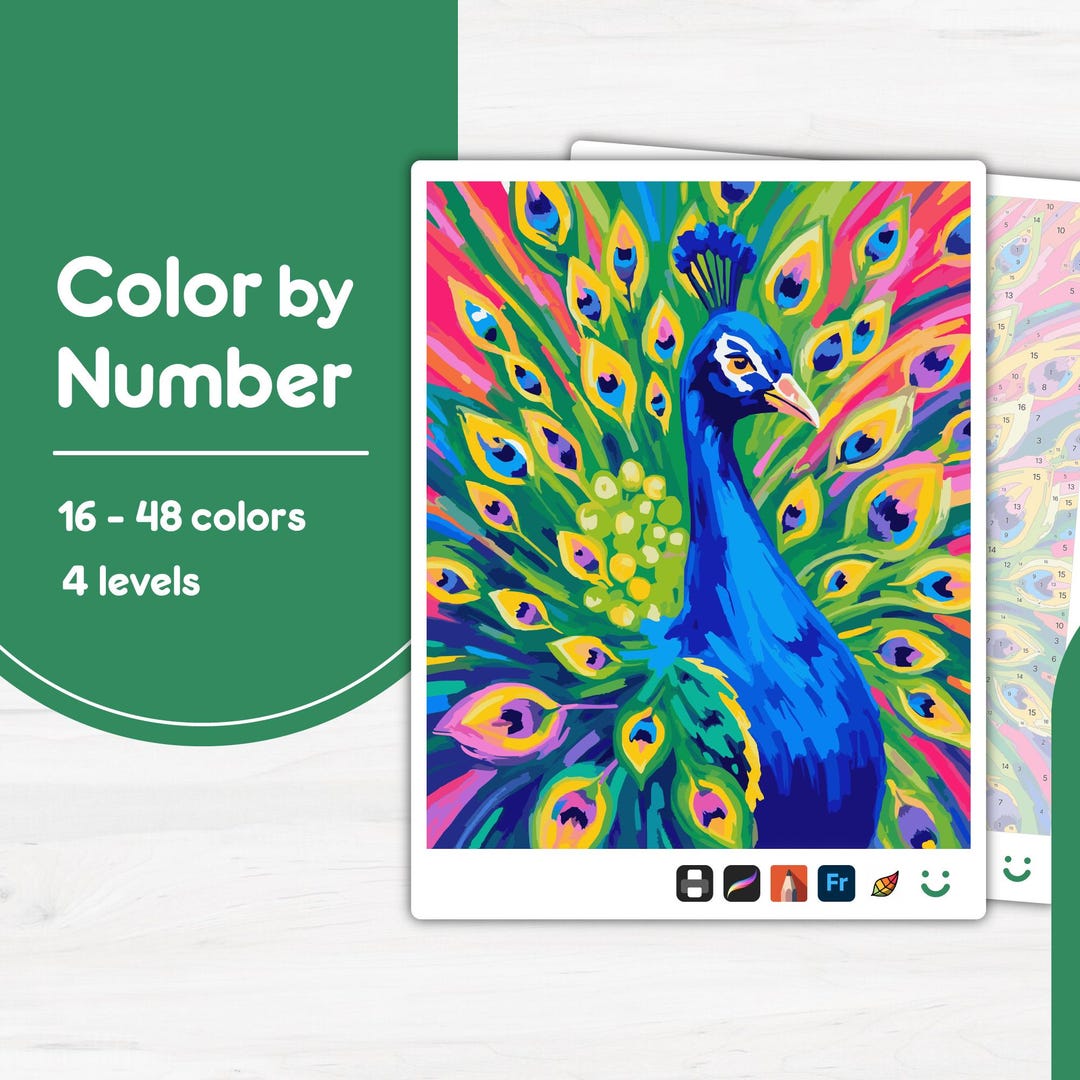 Vibrant Peacock Color by Number PBN for Procreate, Sketchbook, Prints ...