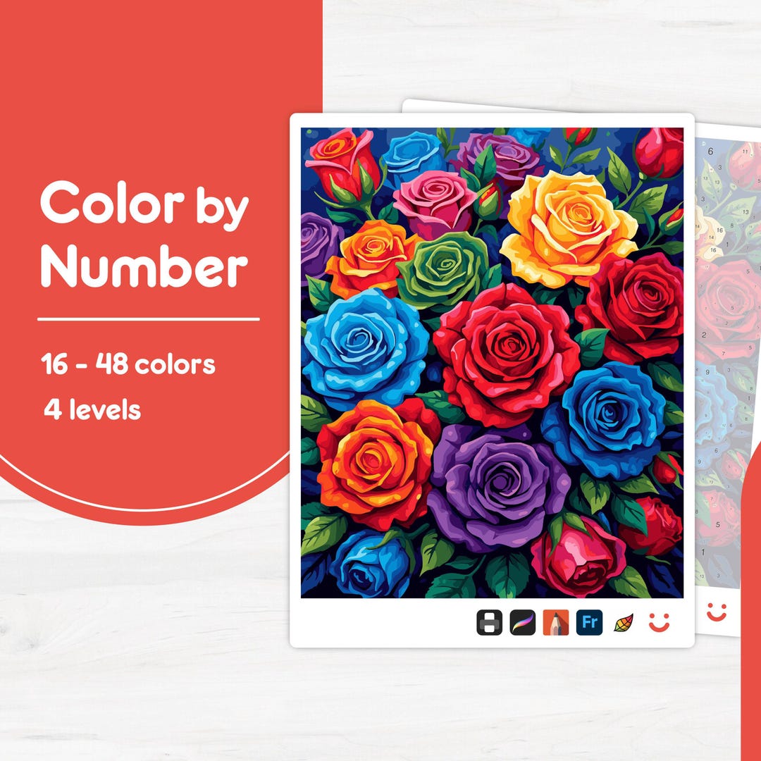 Colorful Rose Bouquet - Color by Number - Digital & Printable - 4 ...