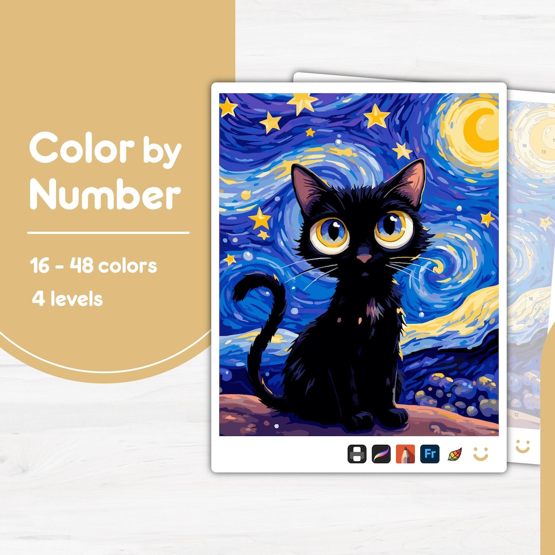 Black Cat in Starry Night Color by Number PBN for Procreate, Sketchbook ...