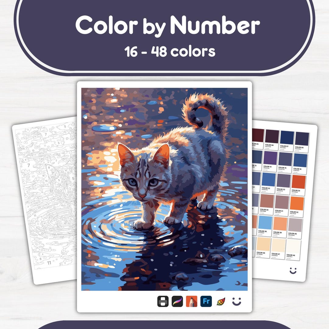 Cat Wading in Water - Color by Number - Digital & Printable - 4 Levels ...