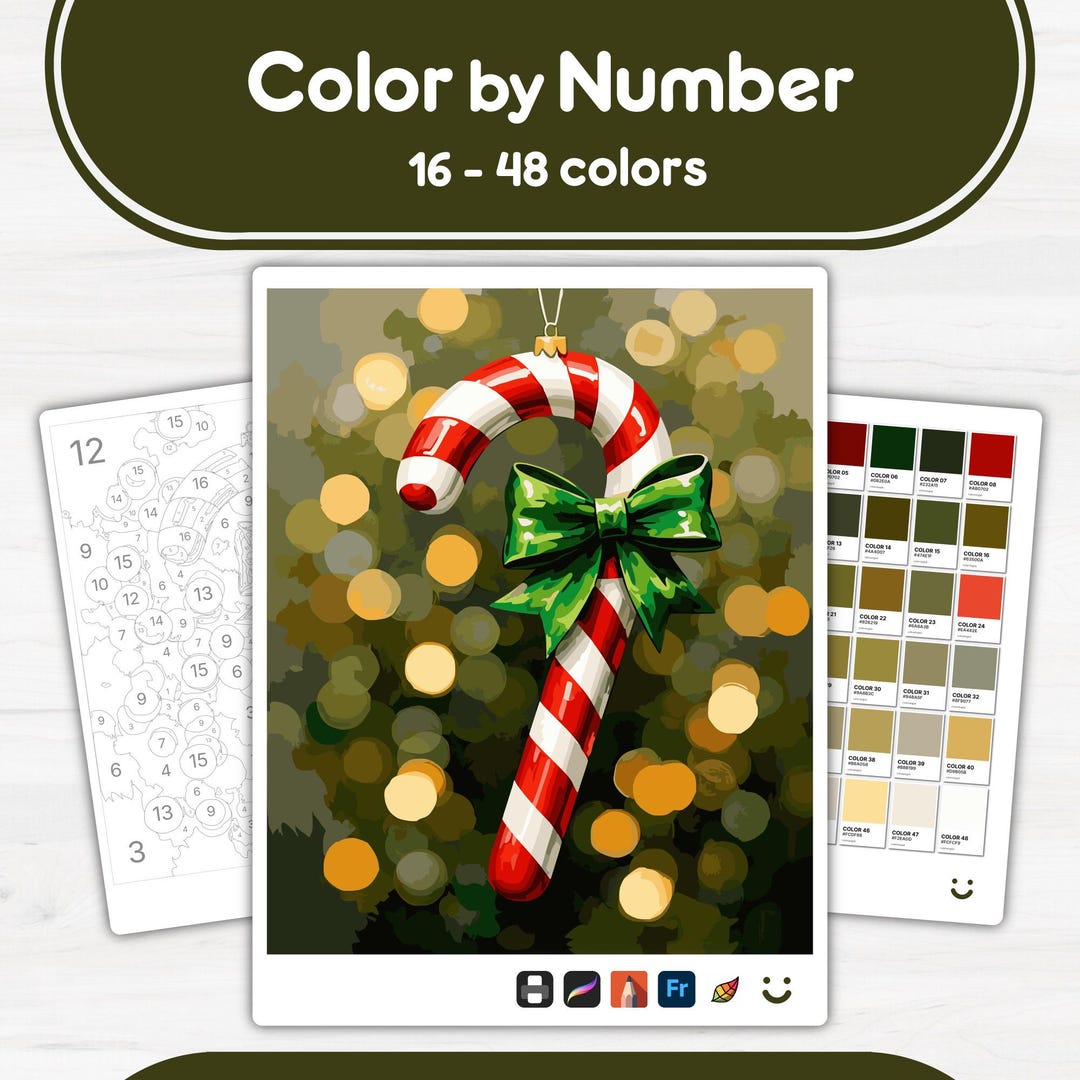 Candy Cane Ornament - Color by Number - Digital & Printable - 4 Levels ...
