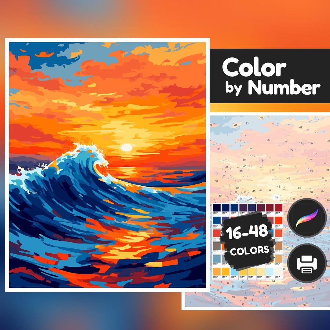 Sunset Waves Color by Number Pages, Paint by Number, Digital, Procreate ...