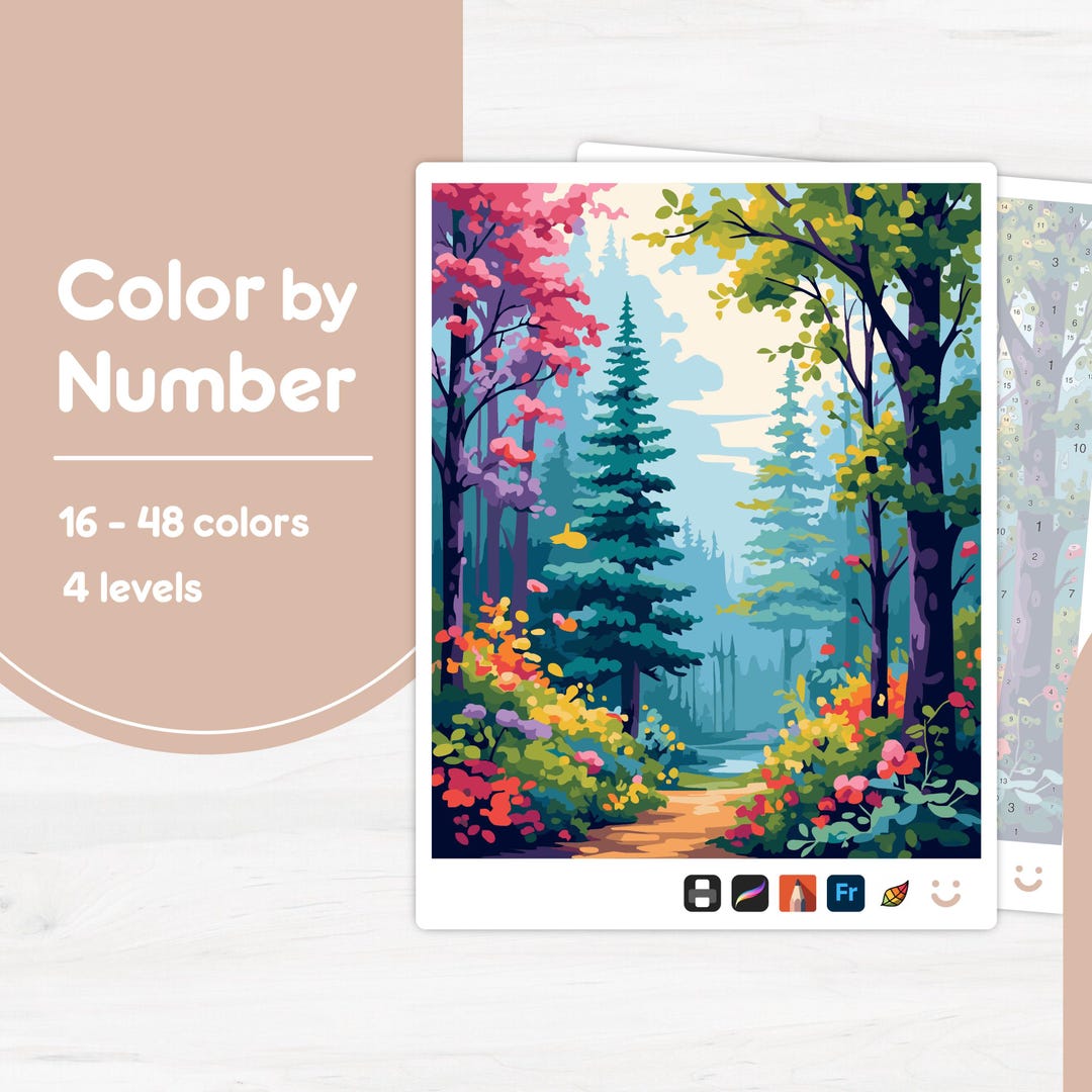 Colorful Forest Path - Color by Number - Digital & Printable - 4 Levels ...