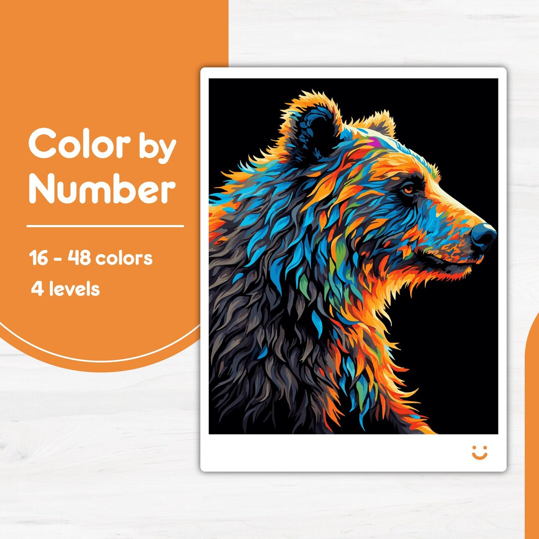 Vibrant Colorful Bear Portrait Color by Number PBN for Procreate ...