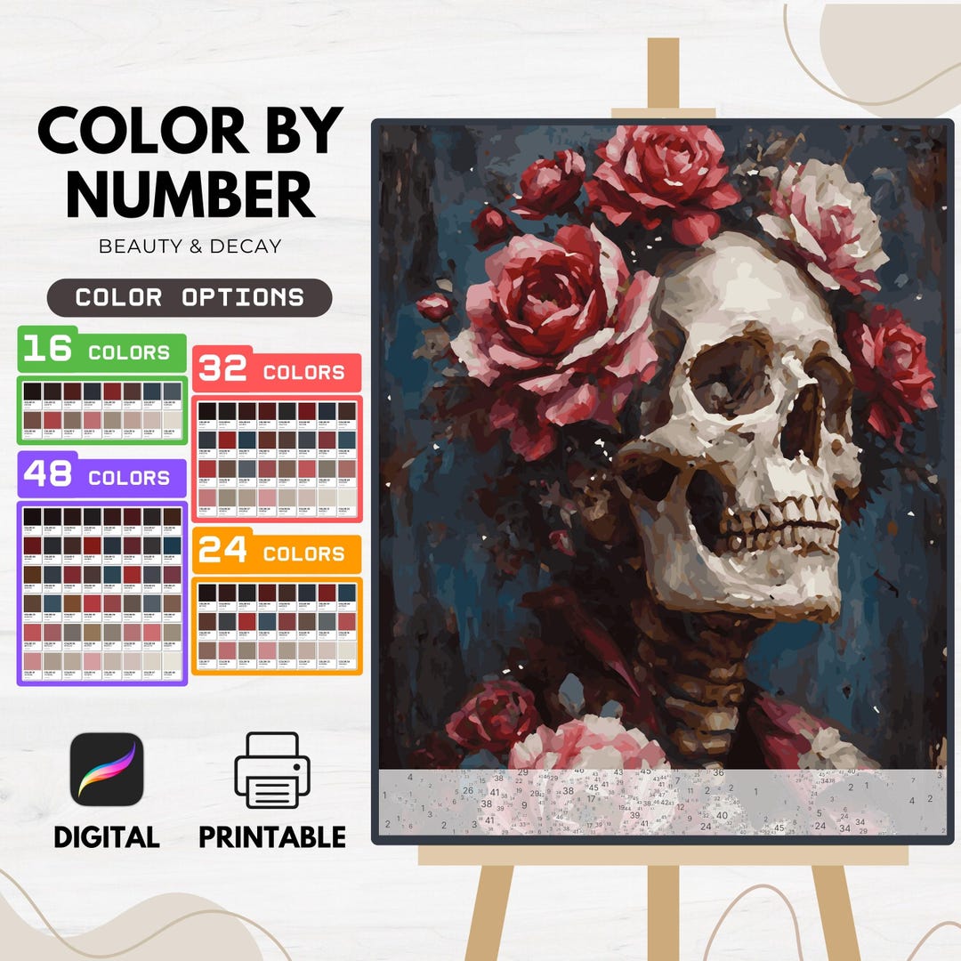 Rose Skeleton Color by Number Pages, Paint by Numbers, Digital ...