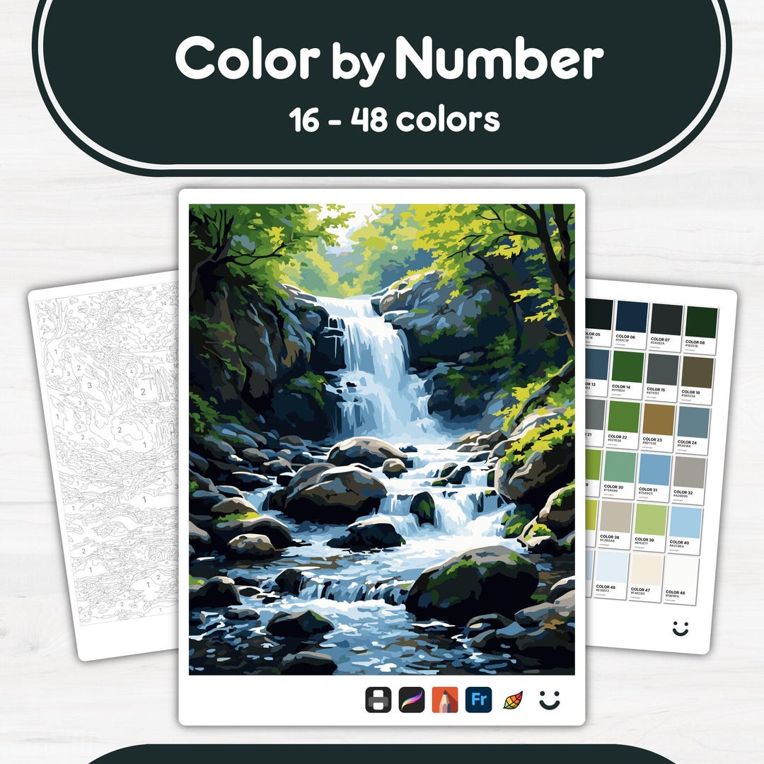 Mountain Waterfall - Color by Number - Digital & Printable - 4 Levels ...