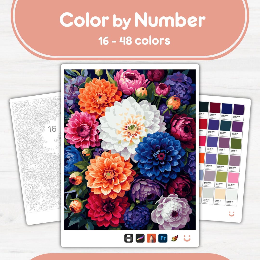 Bright Mixed Flowers - Color by Number - Digital & Printable - 4 Levels ...
