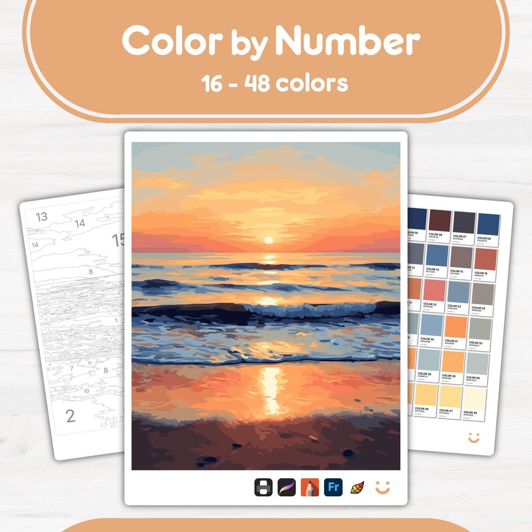 Sunset Over Water - Color by Number - Digital & Printable - 4 Levels - Etsy