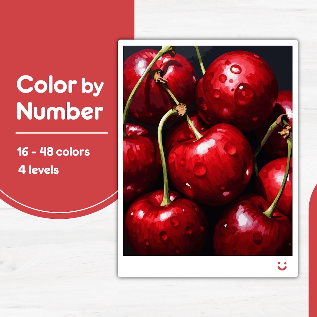 Vibrant Red Cherries Color by Number PBN for Procreate, Sketchbook ...