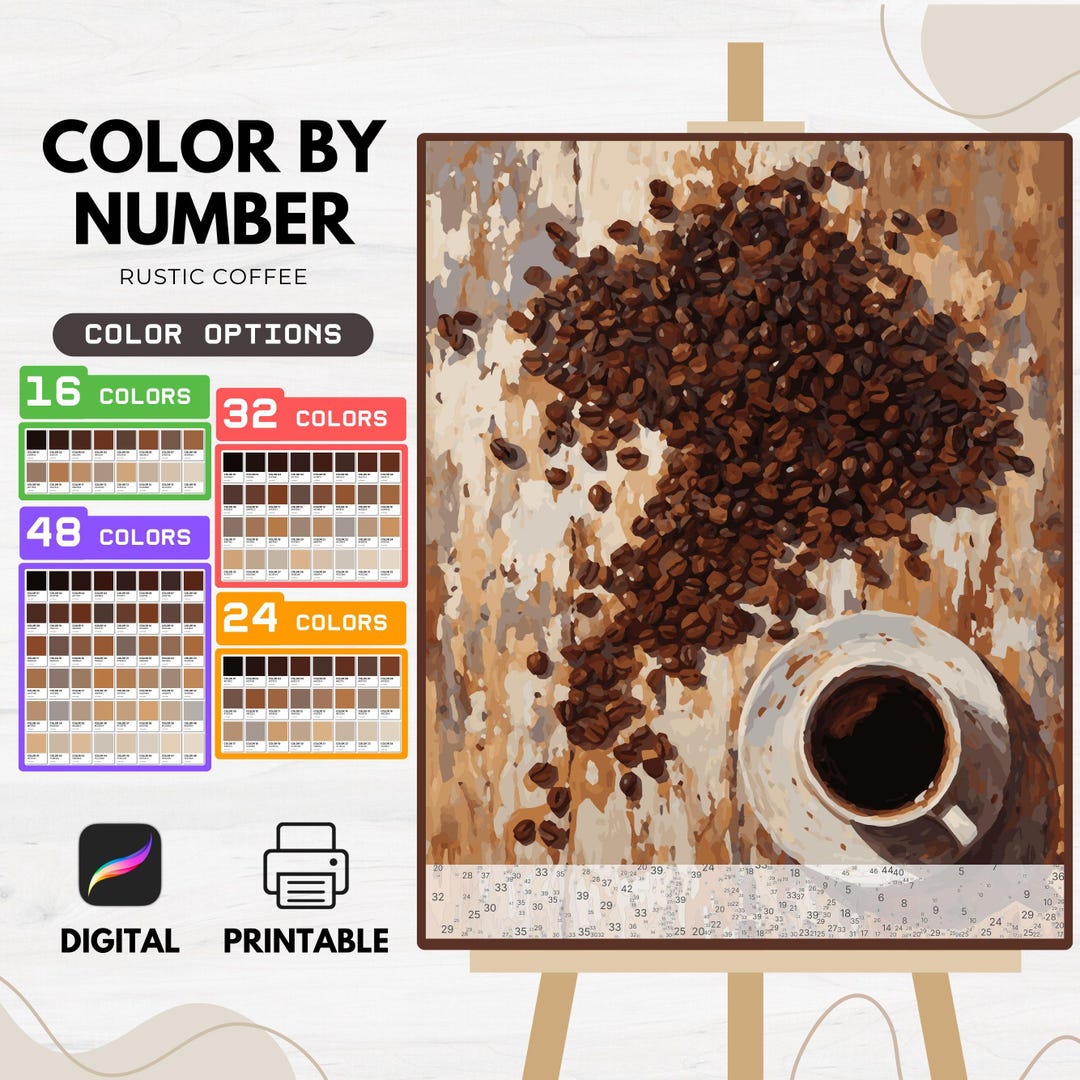Rustic Coffee Color by Number Pages, Paint by Number, Digital ...