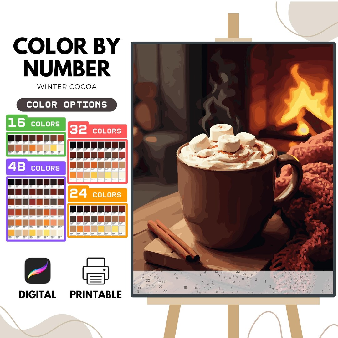 Hot Winter Cocoa Color by Number Pages, Paint by Number, Digital ...