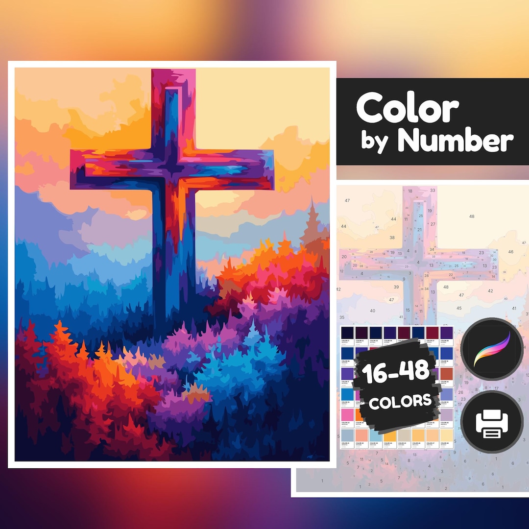 Illuminated Cross Color by Number Pages, Paint by Number, Digital ...