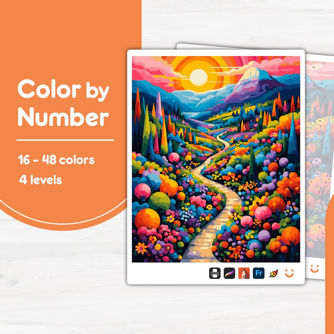 Vibrant Floral Landscape Color by Number PBN for Procreate, Sketchbook ...