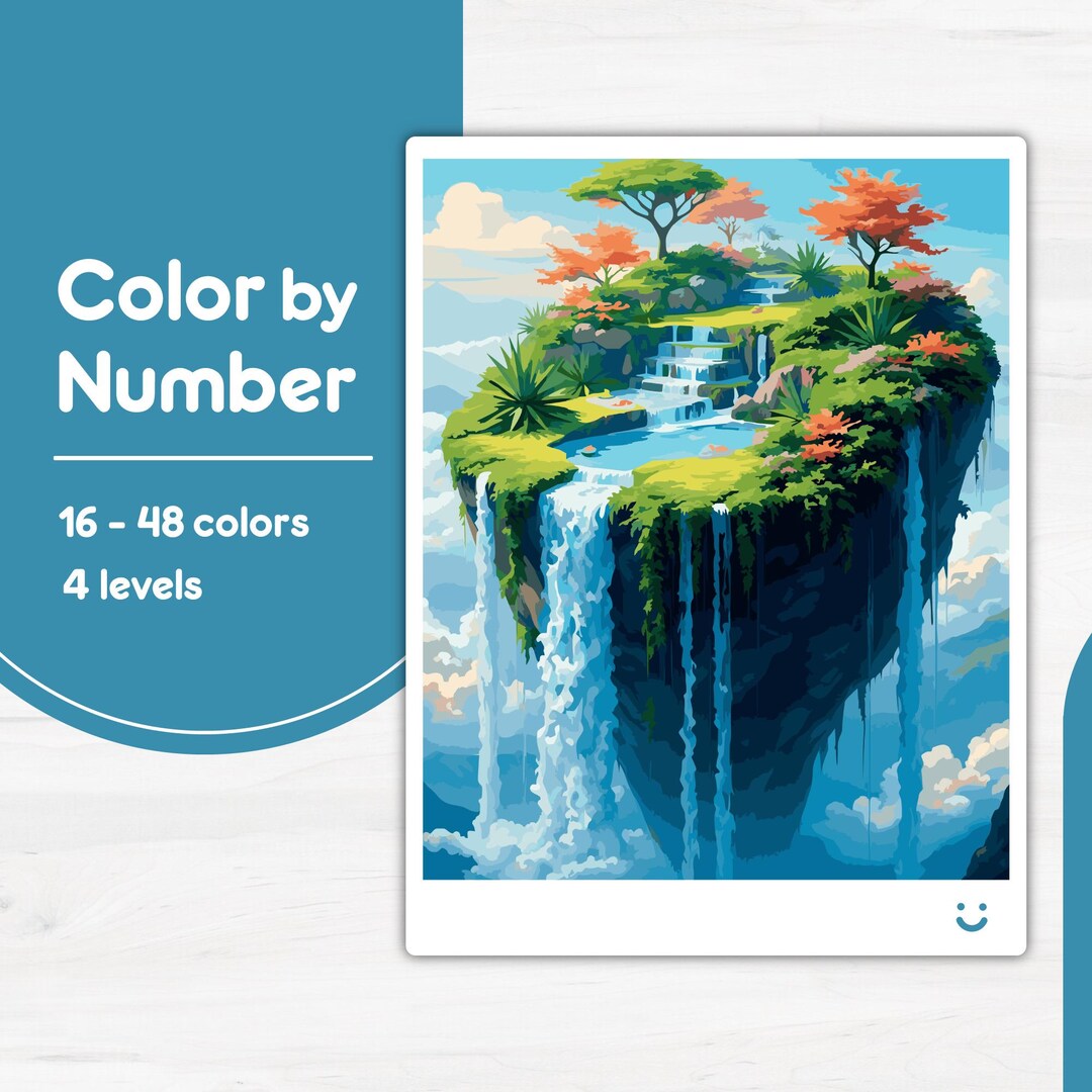 Floating Waterfall Oasis Color by Number PBN for Procreate, Sketchbook ...