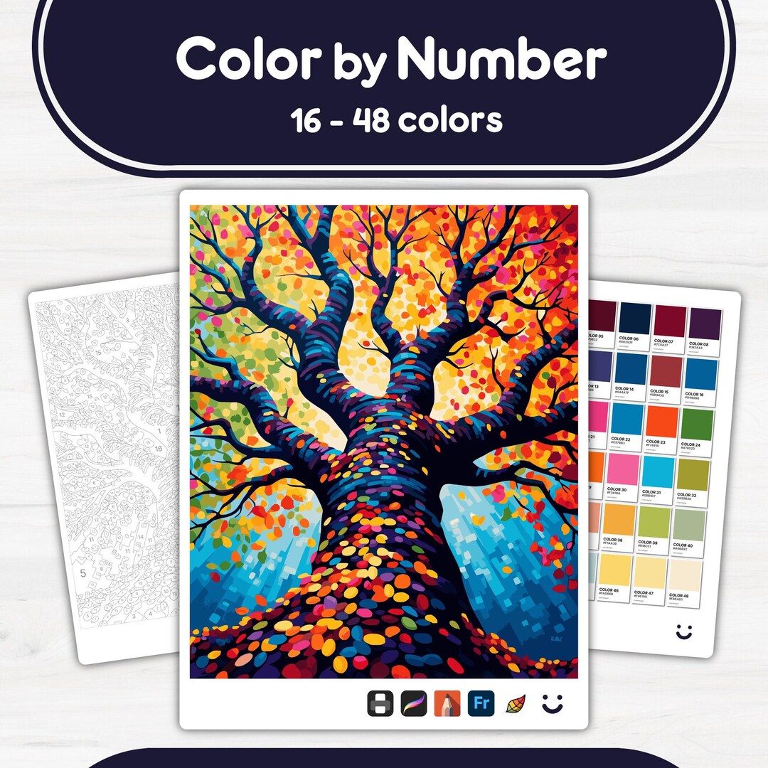 Colorful Tree Leaves - Color by Number - Digital & Printable - 4 Levels ...